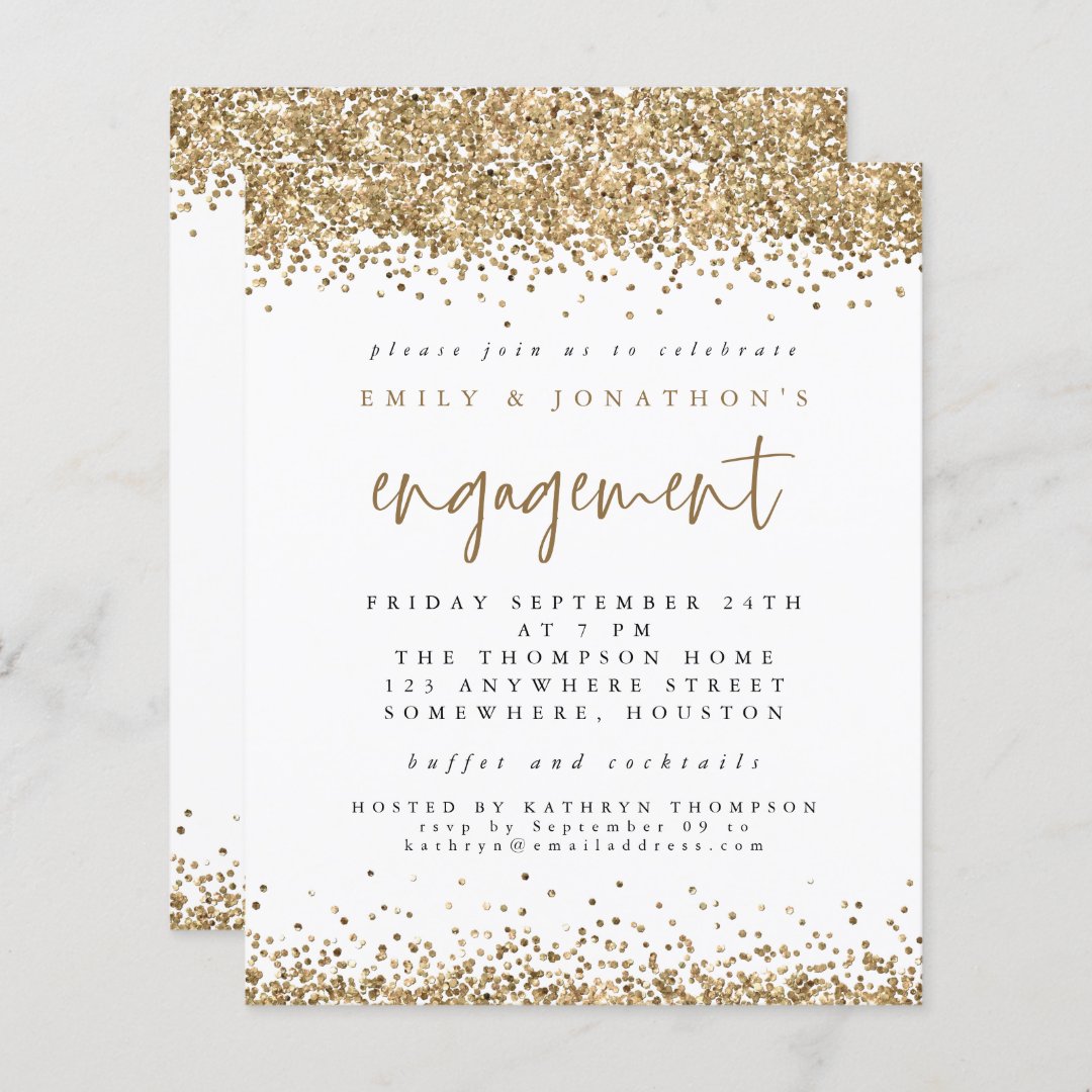 Budget Gold Glitter Borders Engagement Invitation | Zazzle