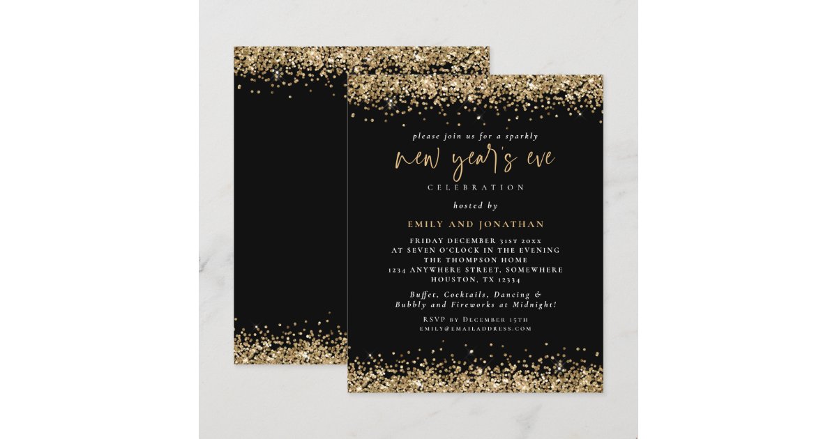Budget Gold Glitter New Years Eve Black Invite | Zazzle