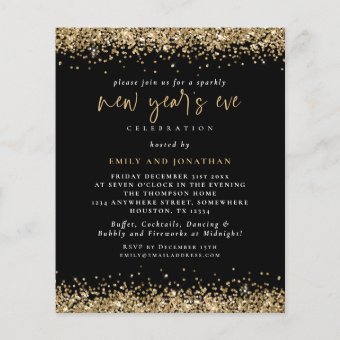 Budget Gold Glitter New Years Eve Black Invite | Zazzle