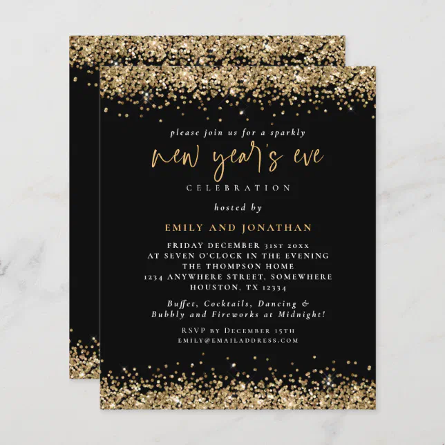 Budget Gold Glitter New Years Eve Black Invite | Zazzle