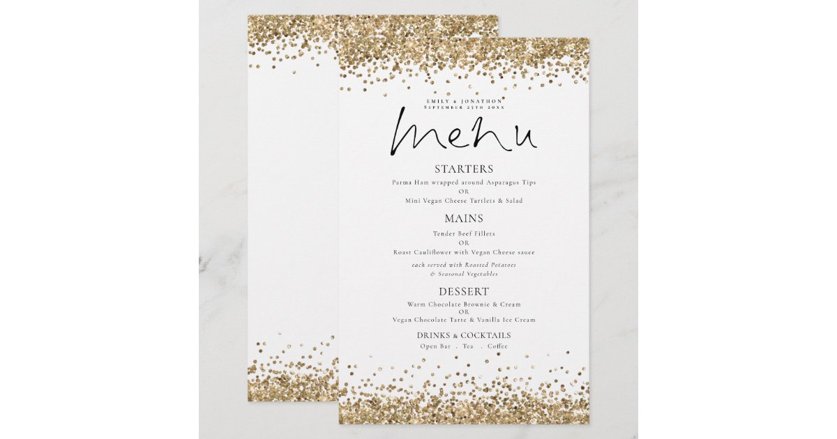 Budget Gold Glitter Script Wedding Menu | Zazzle