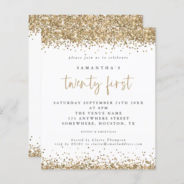 Budget Gold Glitter Twenty First Party Invitation | Zazzle