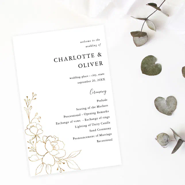 Budget Gold Lined Floral Wedding Ceremony MEDIUM Flyer | Zazzle