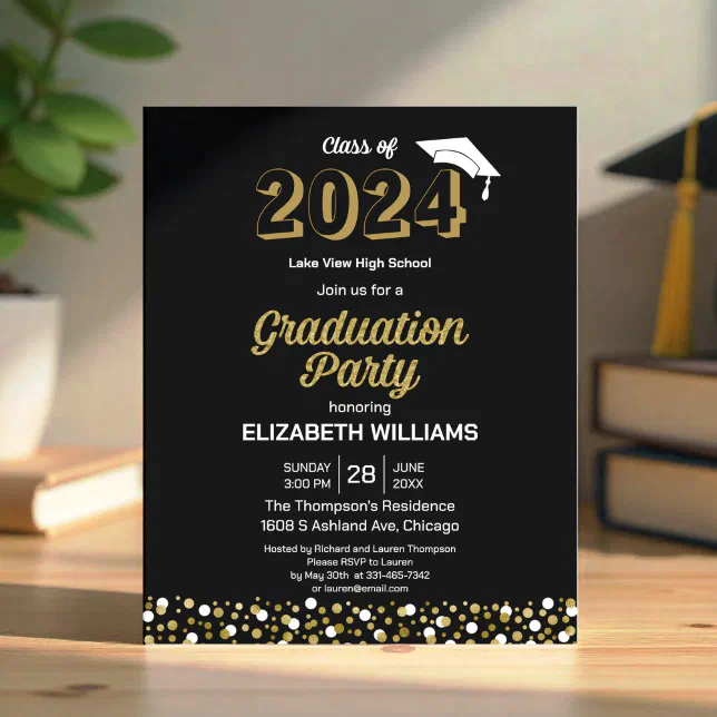 Budget Gold Script Confetti Grad Party Invitation | Zazzle