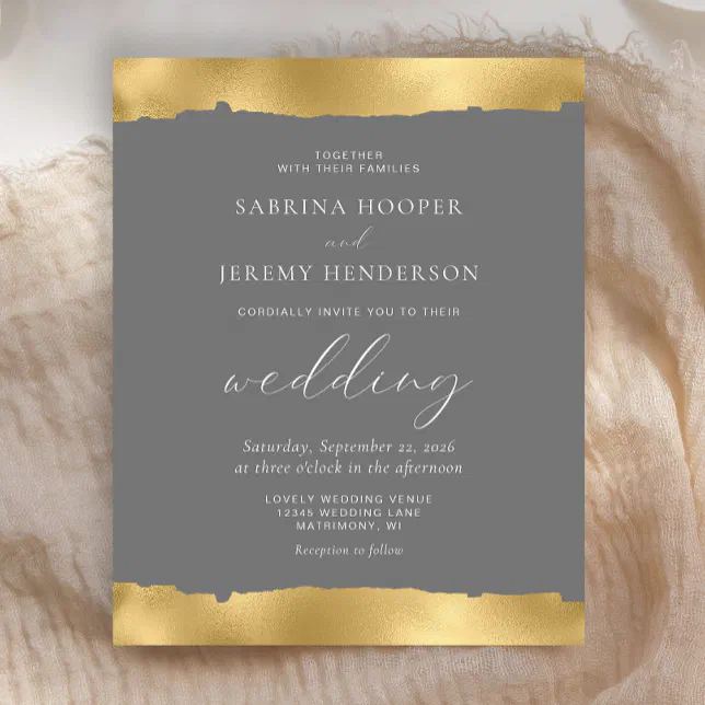 Budget Gold Torn Edge Gray Wedding Invitation | Zazzle