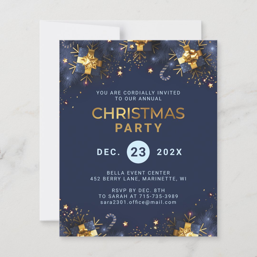 Budget Golden Blue Christmas Party Invitation | Zazzle
