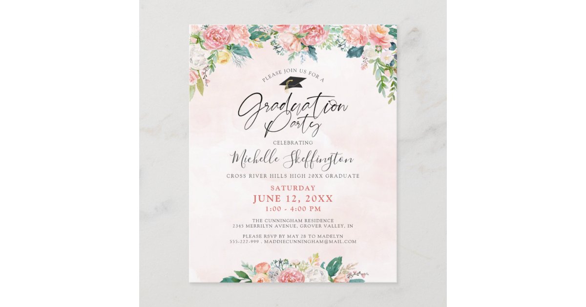 Budget Graduation Elegant Floral Script Invitation | Zazzle