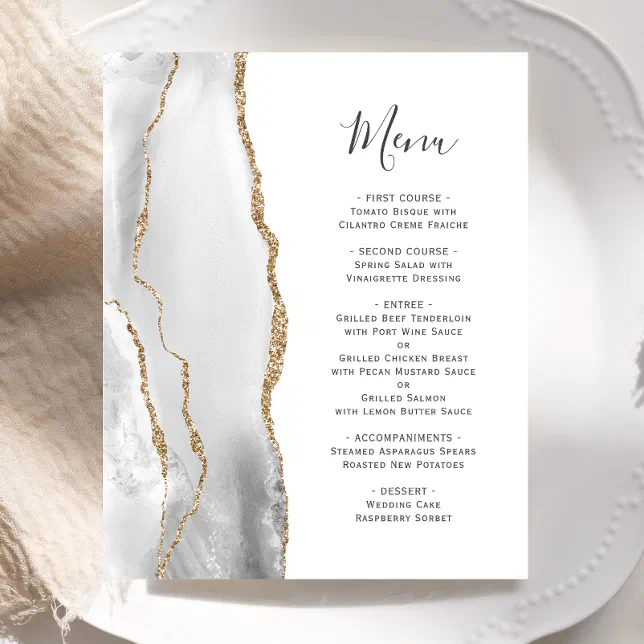 Budget Gray Gold Agate Wedding Menu | Zazzle