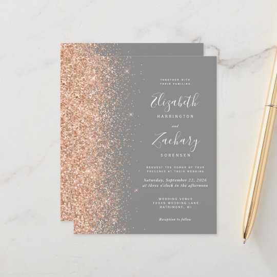 Budget Gray Peach Glitter Wedding Invitation | Zazzle