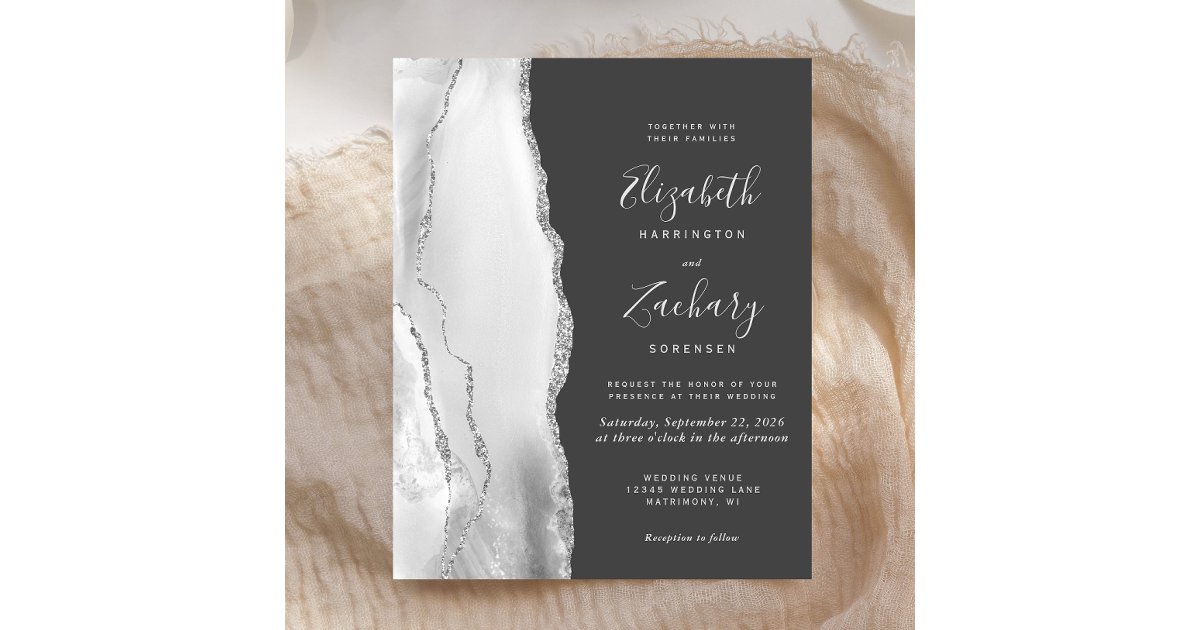 Budget Gray Silver Agate Dark Wedding Invitation | Zazzle