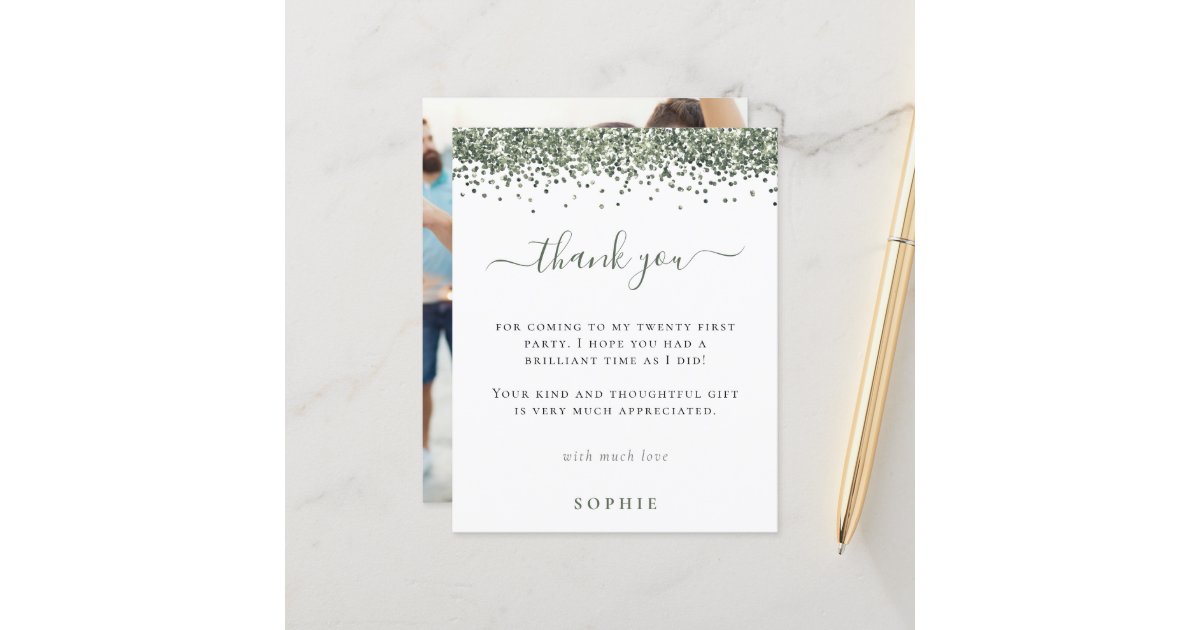 Budget Green Glitter Photo 21st Birthday Thank You | Zazzle