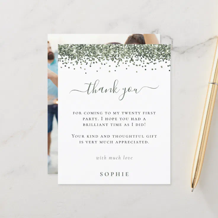 Budget Green Glitter Photo 21st Birthday Thank You | Zazzle