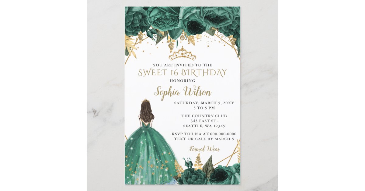 Budget Green Gold Princess Sweet 16 Invitation | Zazzle