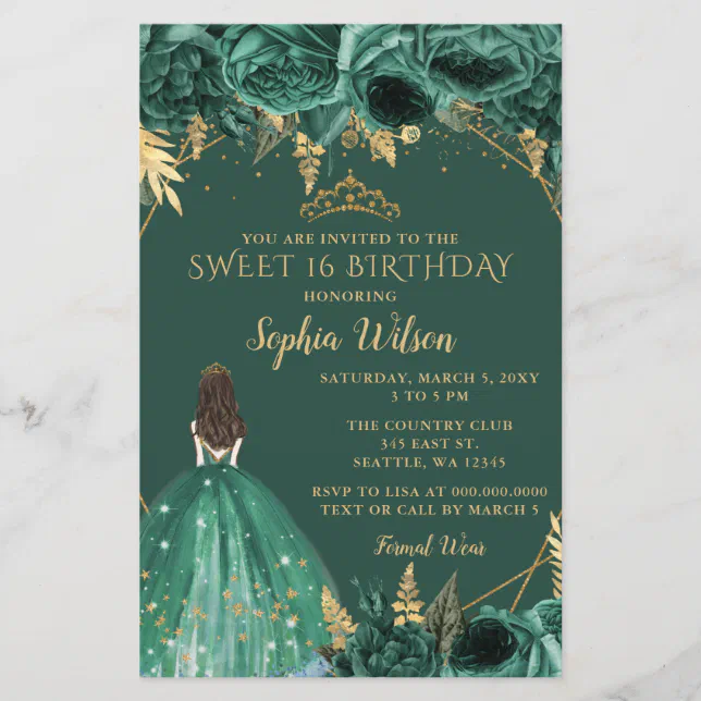 Budget Green Gold Princess Sweet 16 Invitation | Zazzle