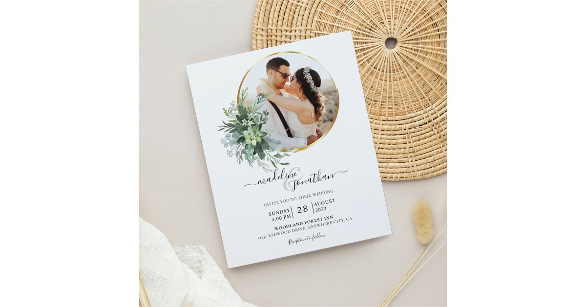 BUDGET Greenery Circle Border 2 Photo Wedding | Zazzle