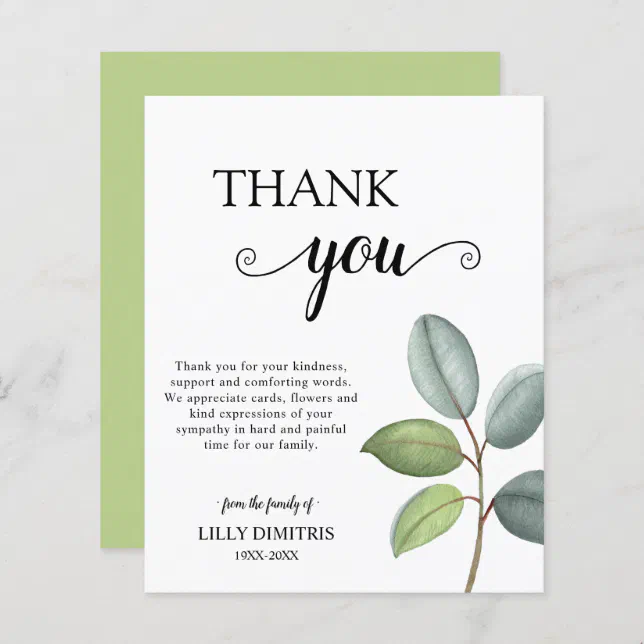 Budget Greenery Memorial Funeral Thank you Card | Zazzle