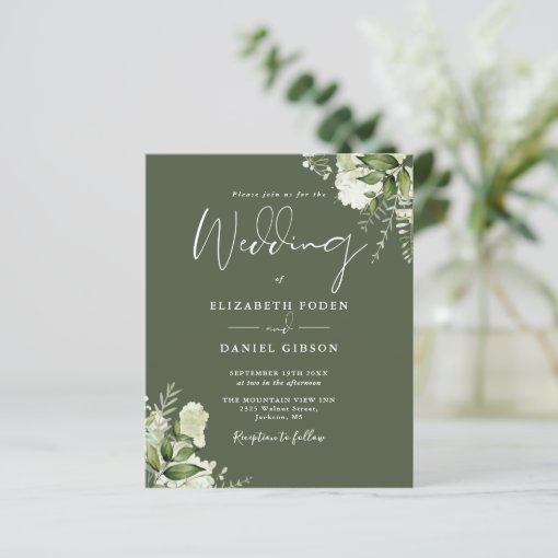 Budget Greenery Olive Green Wedding Invitation | Zazzle