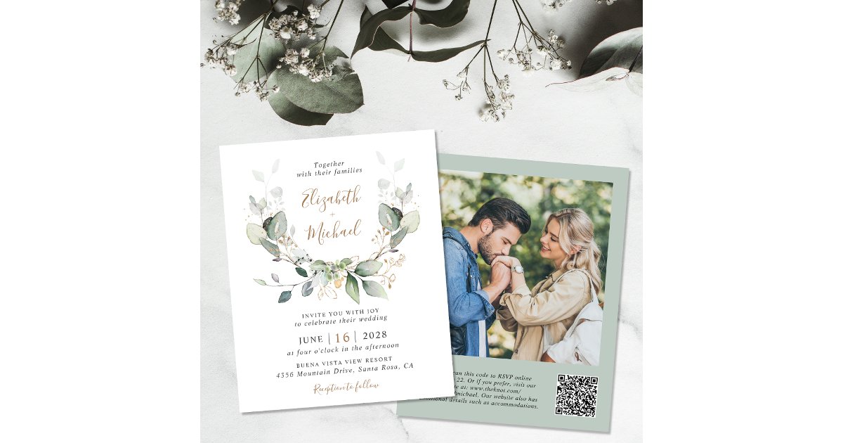Budget Greenery Photo QR Code Wedding Invitation | Zazzle