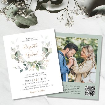 Budget Greenery QR Code Photo Wedding Invitation | Zazzle