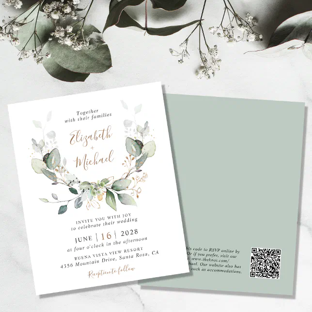Budget Greenery QR Code Wedding Invitation | Zazzle