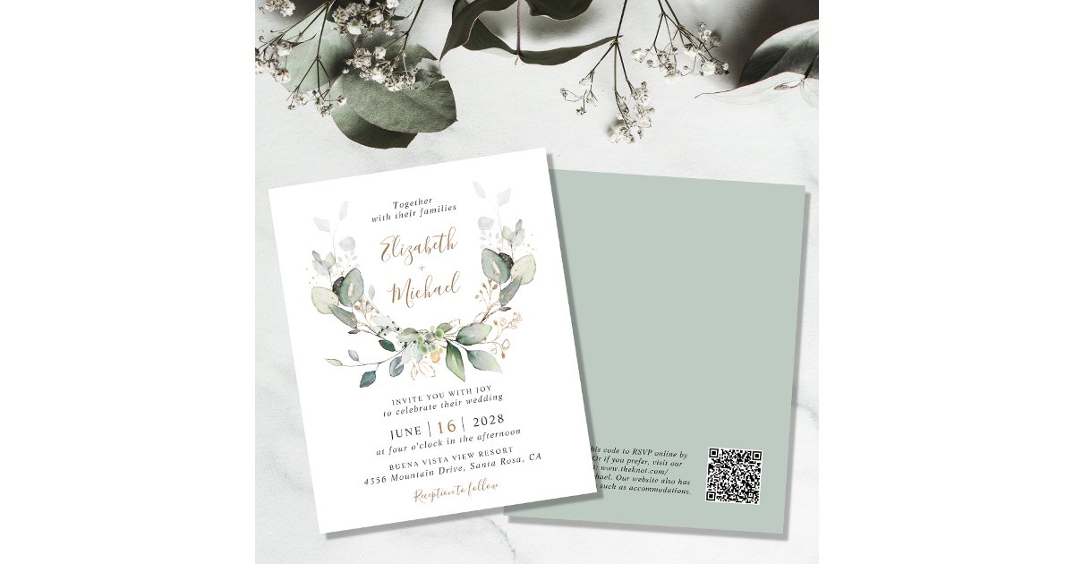 Budget Greenery QR Code Wedding Invitation | Zazzle