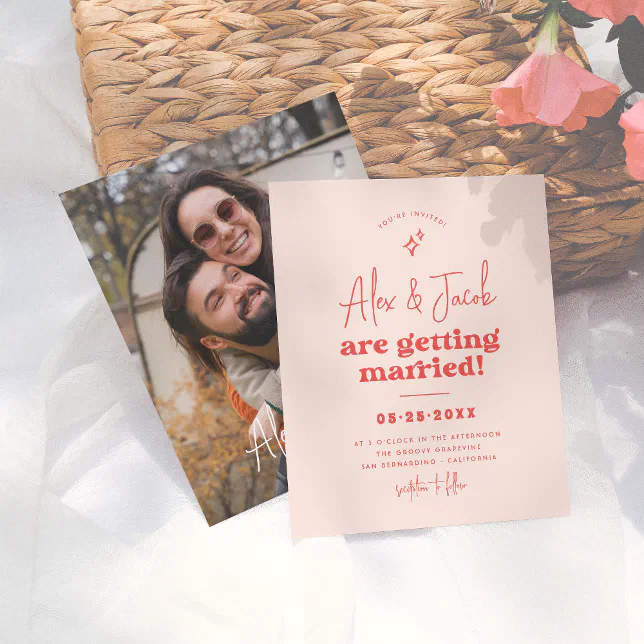 Budget Groovy Sparkle 70s Pink & Red Photo Wedding | Zazzle