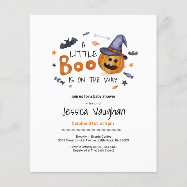Budget Halloween Pumpkin Little Boo Baby Shower Flyer | Zazzle