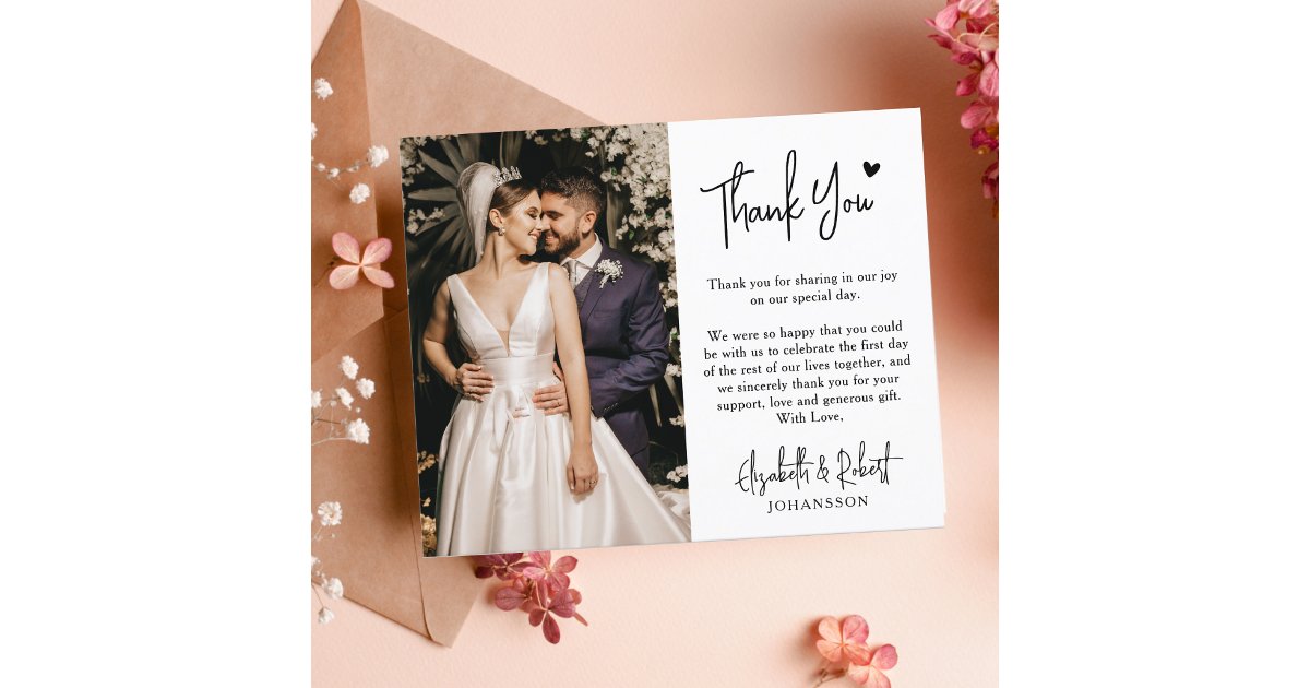 Budget Heart Wedding Thank You Photo Script Card | Zazzle
