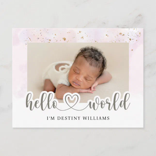 Budget Hello World Baby Girl Announcement Card | Zazzle