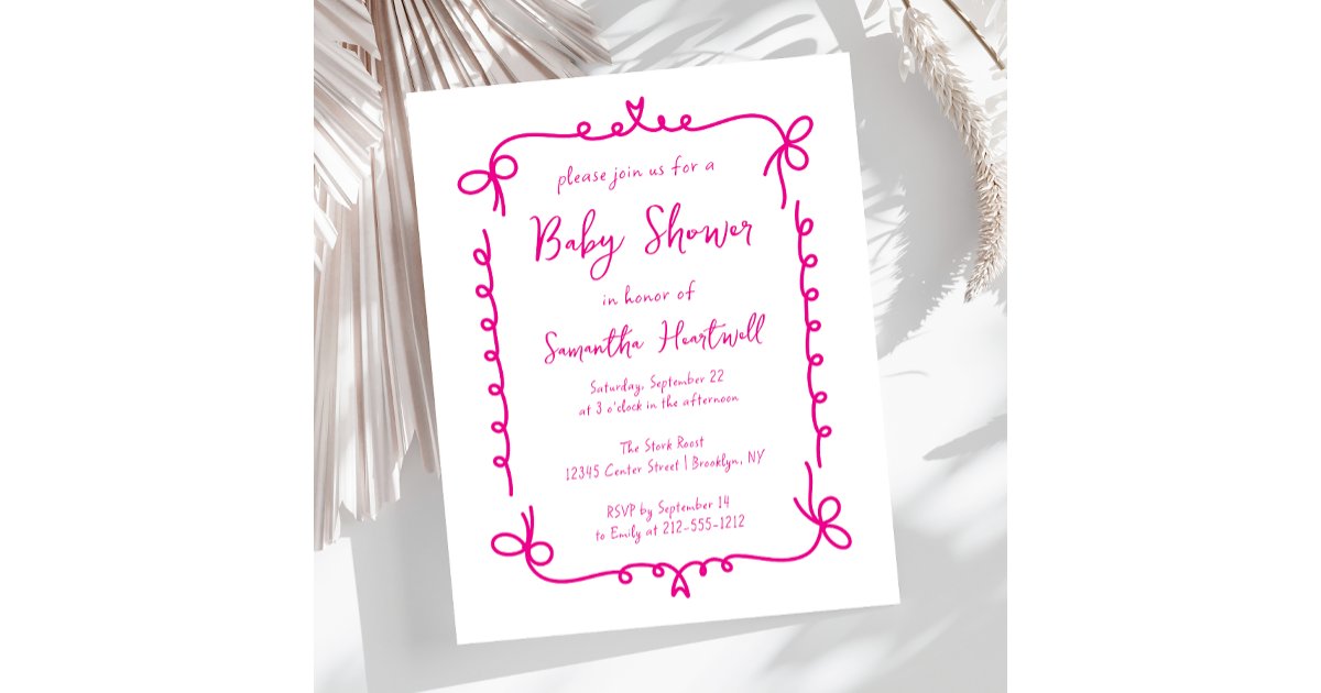 Budget Hot Pink Hand Drawn Girl Baby Shower Invite | Zazzle