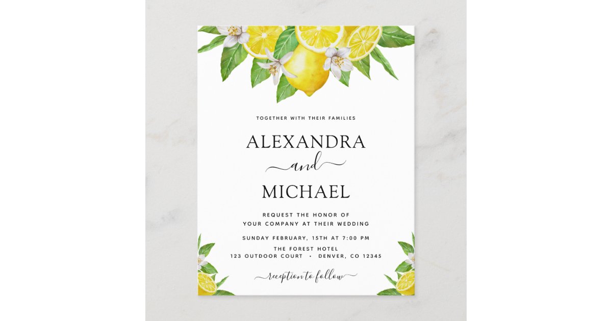 Budget Lemon Citrus Yellow Wedding Invitation | Zazzle
