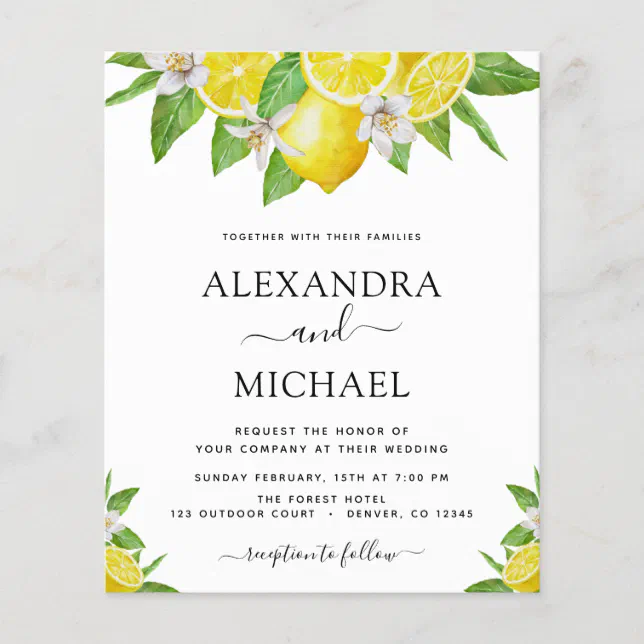 Budget Lemon Citrus Yellow Wedding Invitation | Zazzle