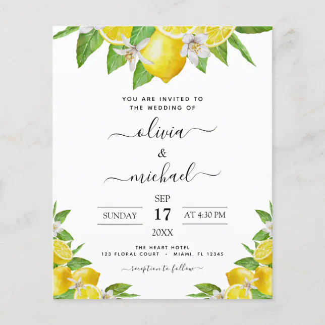 Budget Lemon Citrus Yellow Wedding Invitation | Zazzle