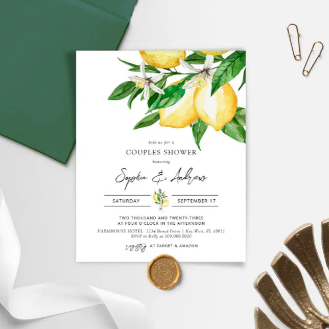 Budget Lemon Greenery Couples Shower Invitation | Zazzle