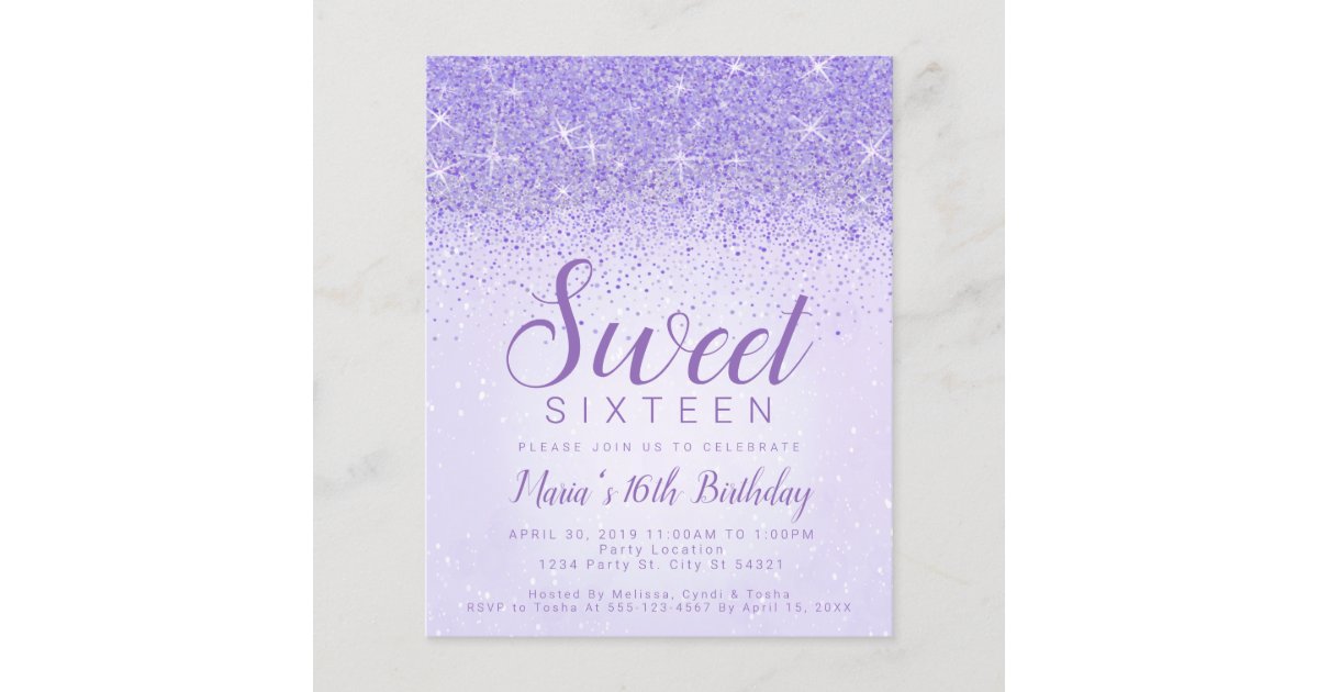 Budget Light Purple Glitter, Sweet 16 Invitations | Zazzle