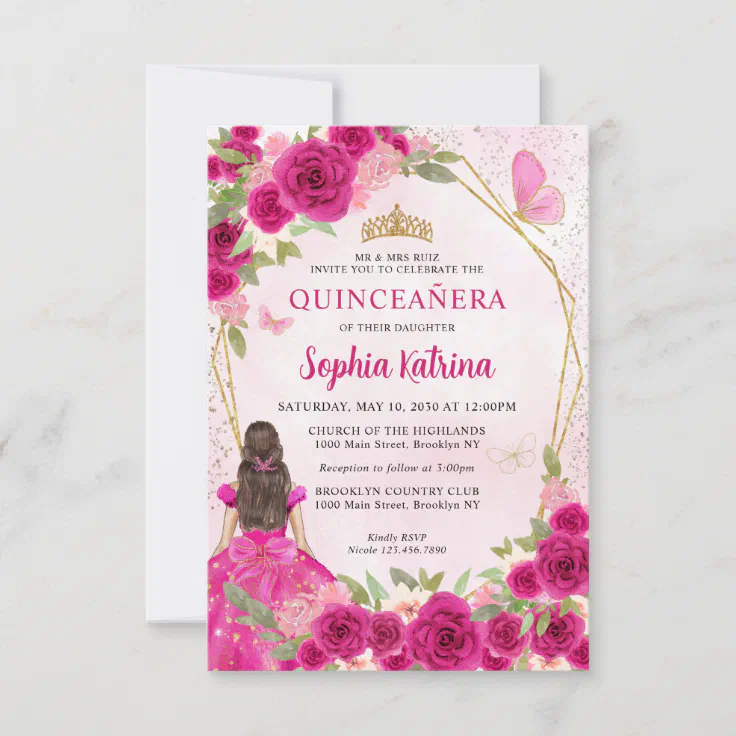 Budget Magenta Gold Floral Princess Quinceañera Note Card | Zazzle