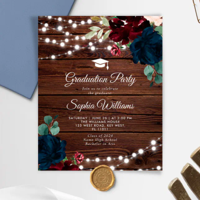 Budget Marsala & Navy Graduation Party Invitation | Zazzle