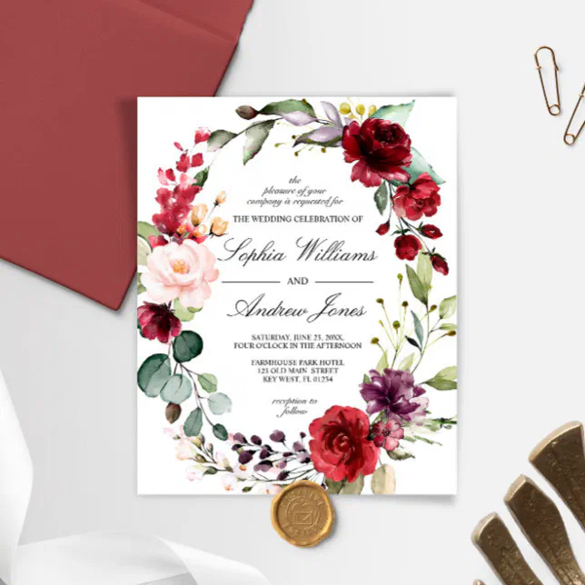 Budget Marsala Rose Floral Wedding Invitation | Zazzle