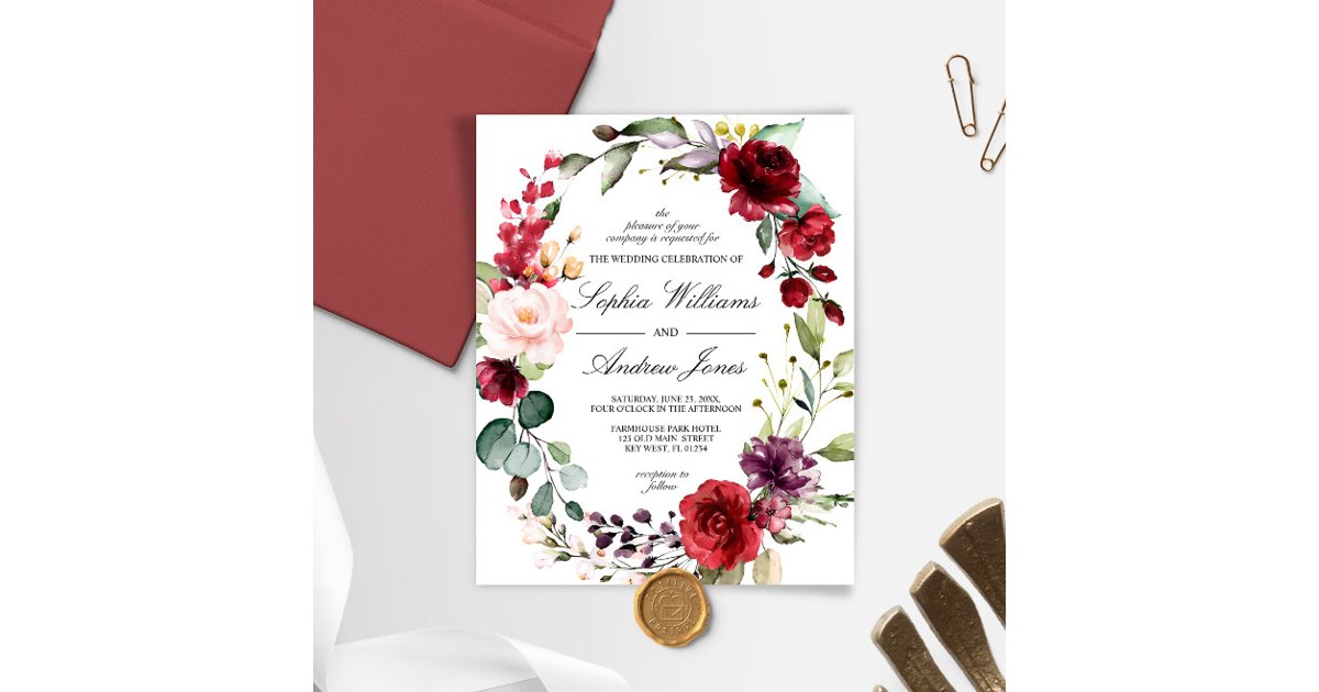 Budget Marsala Rose Floral Wedding Invitation | Zazzle