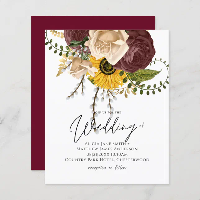 BUDGET Marsala Roses Sunflowers Wedding Invite | Zazzle