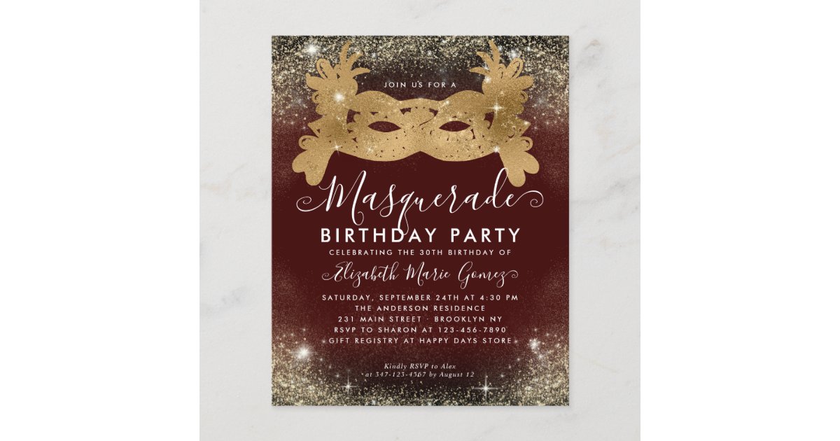 Budget Masquerade Burgundy Gold Glitter Birthday | Zazzle