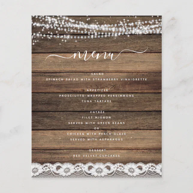 Budget Menu Rustic Farmhouse String Lights Lace | Zazzle