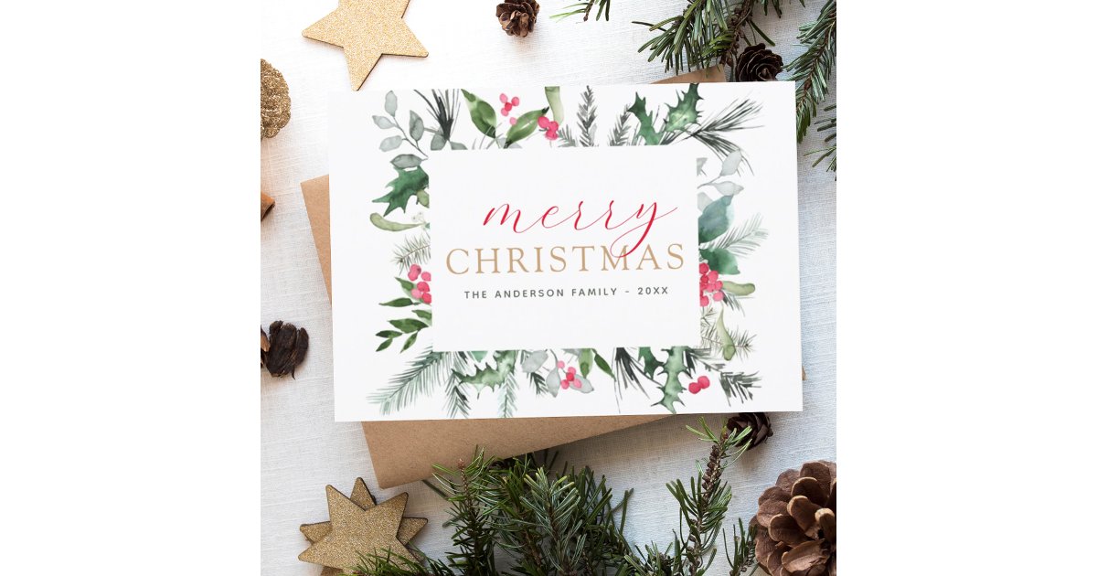 Budget Merry Christmas Greenery Red Holiday Card | Zazzle