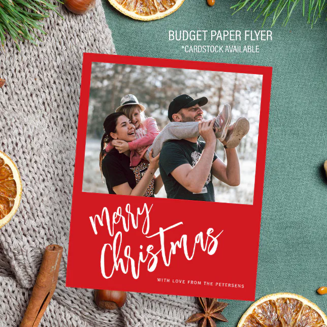 Budget Merry Christmas photo red Holiday Card Flyer | Zazzle