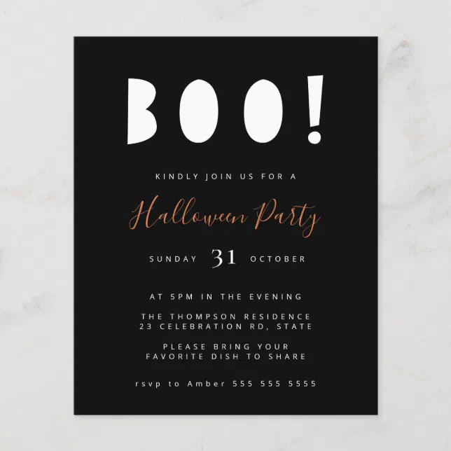 Budget Minimalist Boo Halloween Black Party Invite | Zazzle