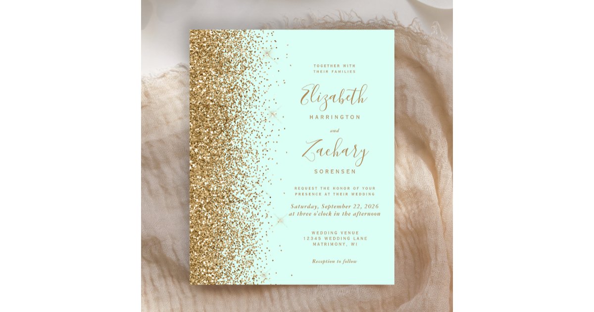 Budget Mint Green Gold Glitter Wedding Invitation | Zazzle