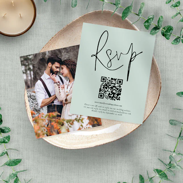 Budget Mint QR Code Script Photo Wedding RSVP | Zazzle