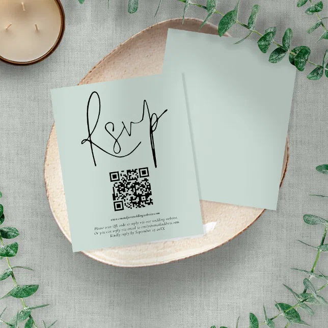Budget Mint QR Code Script Wedding RSVP | Zazzle