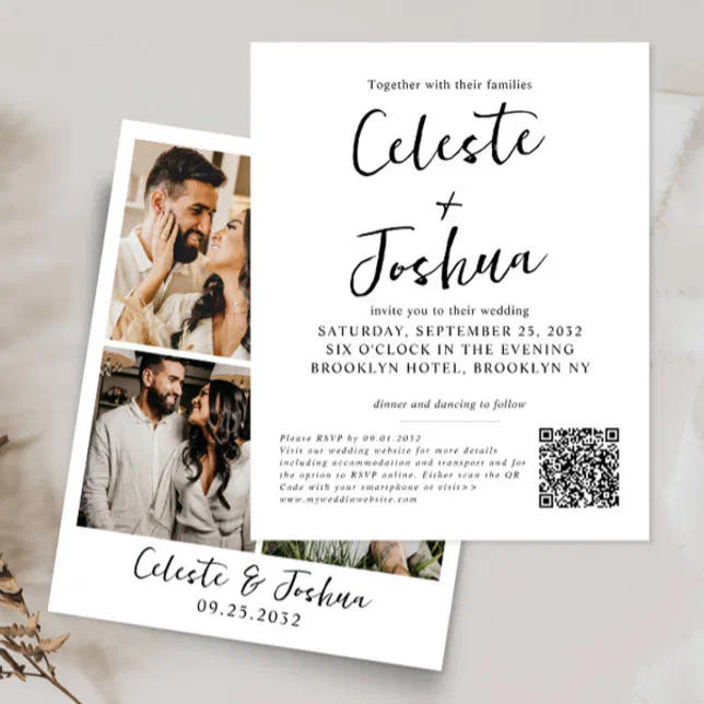 Budget Modern 4 Photo Script Name QR Code Wedding | Zazzle