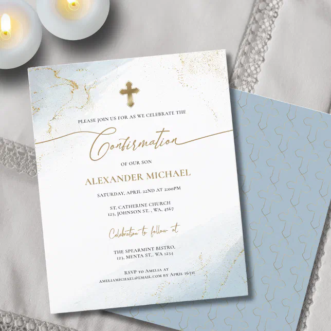 Budget Modern Blue Gold Cross Boy Confirmation | Zazzle